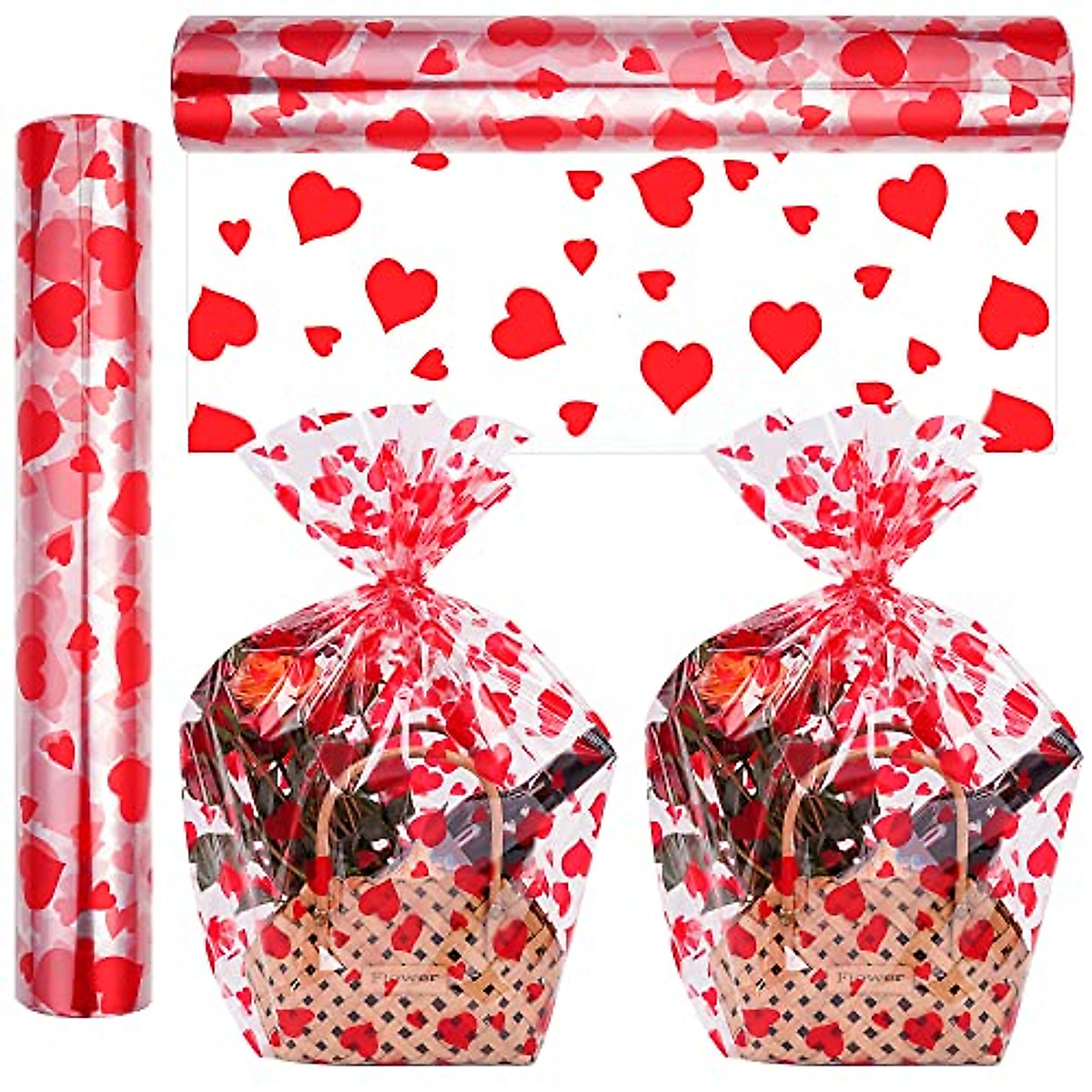 Cellophane Wrap Roll Hearts Design（100’ Ft. Long X 32” in. Wide）2.3 Mil Valentine's Day Cellophane Bags Thick Crystal Clear with Special Red Hearts Cellophane Bags For Flower Wrapping, Gift Basket Wrap Cellophane for Valentine's Day Gift Wrapping