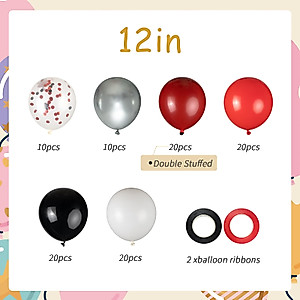 100pcs Red and Black White Balloons Kit, 12inch Black Red White Silver Confetti Balloons for Birthday Racing Car Poker Card Casino Baby Shower Graduation Valentine’s Party Decoration