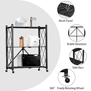 Yuanjimi 3 Tier Foldable Storage Shelf with Wheels, Heavy Duty Garage Shelving Unit Loads 550 LBS, Metal Steel Collapsible Shelves, Rolling Standing Utility Rack for Kitchen, Pantry, Office, Black