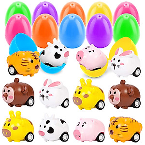 Evoio 12 Pack Easter Eggs Prefilled with Pull Back Cars, Mini Little Vehicles Car Toys for Easter Party Favors, Easter Basket Stuffers, Easter Egg Pinata Fillers, Goodie Bags Fillers, Classroom Prizes