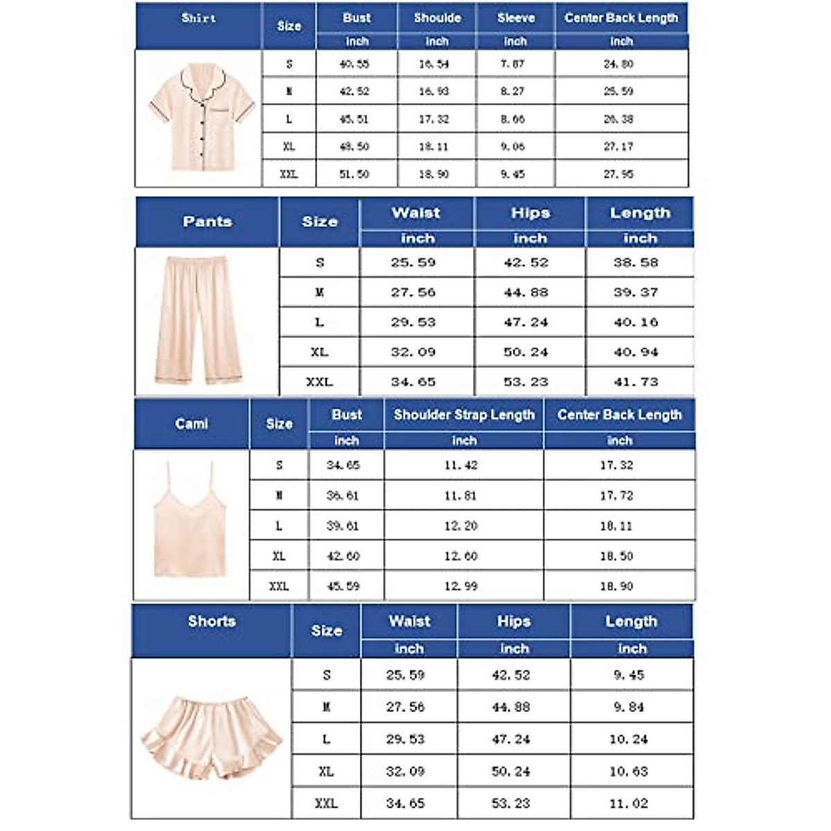 SWOMOG Womens Pajamas Satin 4 Piece Sleepwear Cami Tops And Ruffle Shorts Silk Long Pajama Pants Soft Summer Loungewear Pjs Champagne