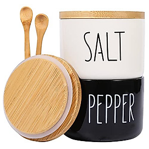 VICUKIE Farmhouse Salt And Pepper Bowls,Stacked Ceramic Salt Cellar With Bamboo Lid, Salt Container With Lid And Spoon, Modern Farmhouse Kitchen Decor, Salt Box, Spice Box(BLACK AND WHITE)