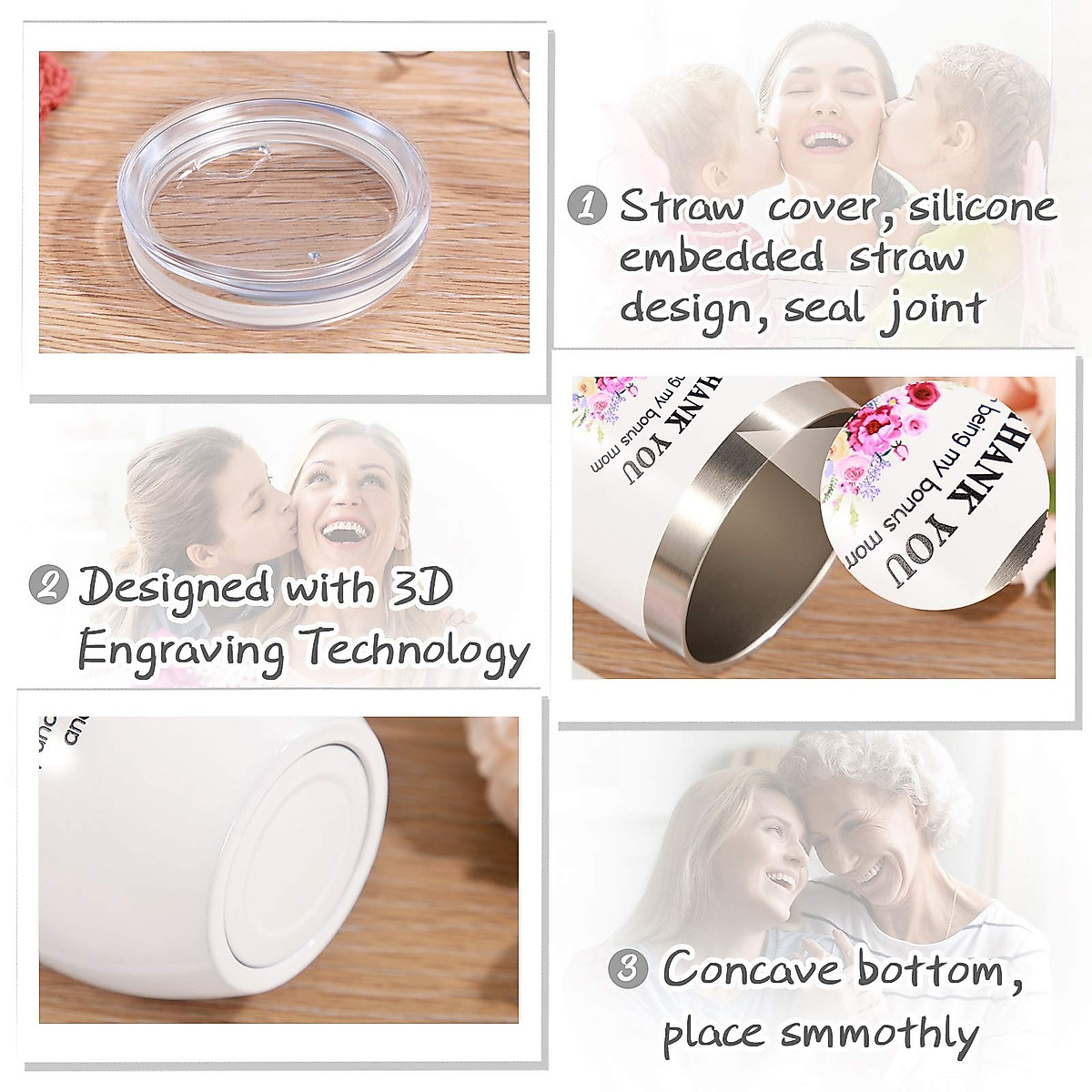 Patelai Thank You For Being My Stepmother, Mom Gifts for Mommy Stepmom on Mother's Day Birthday Christmas, 12 oz Stainless Steel Coffee Mug with Lid Straw Brush Gift Box (White)