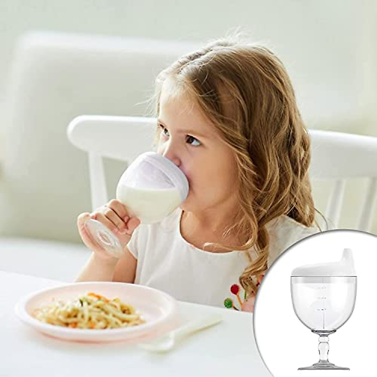 Toddler Sippy Cup - Plastic Wine Glass Goblet Beverage Mug Milk Bottle with Lid for Kids on Birthday Party Celebration (White, 1)