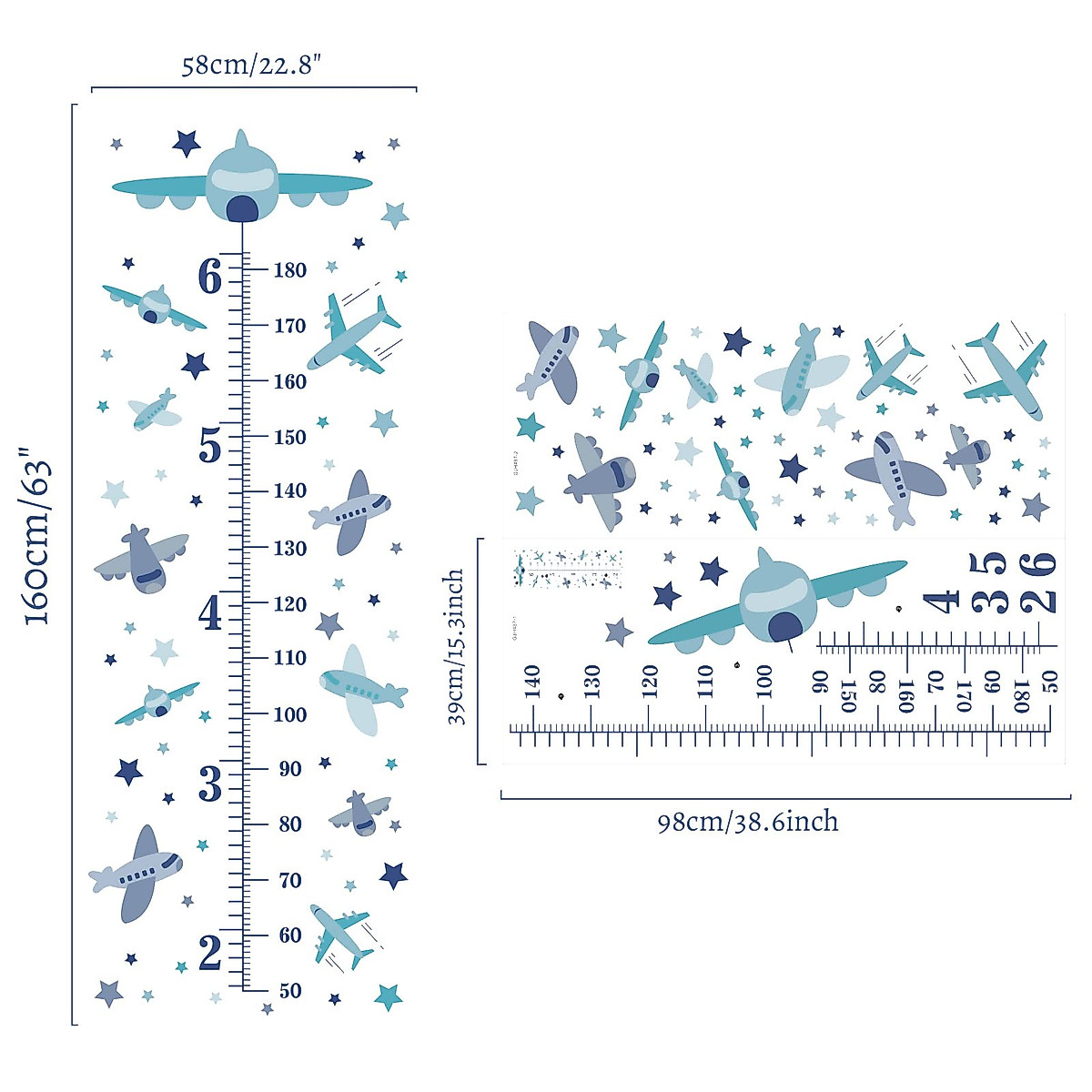 SUPERDANT 3pcs/Set Family Height Growth Chart Wall Sticker Airplane Star Self-Adhesive Height Wall Sticker for Bedoom Nursery Living Room Decor 38"x15"