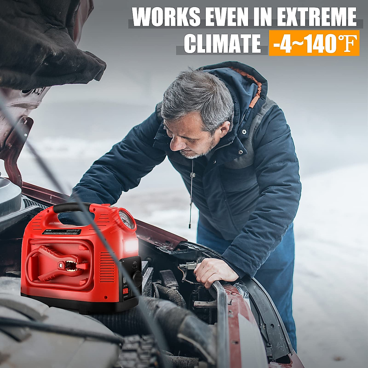 4-in-1 Car Jump Starter with Air Compressor 260 PSI Tire Inflator, 900A Peak Auto Battery Booster Jump Box(Up to 6.0L Gas or 3.0L Diesel Engine), Portable Power Station DC/USB Outlets