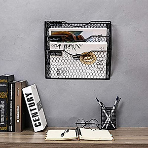 PAG Wall File Holder Hanging Mail Organizer Metal Chicken Wire Wall Mount Magazine Rack, 3-Tier, Black