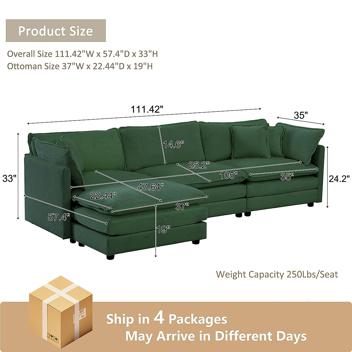 Tmsan 111.42" Modular Sectional Sofa, Green Convertible Modern L Shaped Sofa Chenille Cloud Couches Set with Ottoman for Living Room Bedroom Apartment Office, 3 Seater