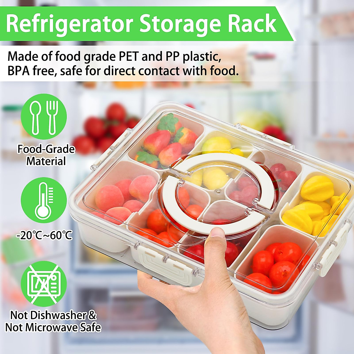 Portable Divided Serving Tray with Lid with Handle, 8 Compartment Snackle Box Container,- For Clear Organizer Fruit, Candy, Nuts,Snacks,Great for parties, beach fun and outdoor camping(8)