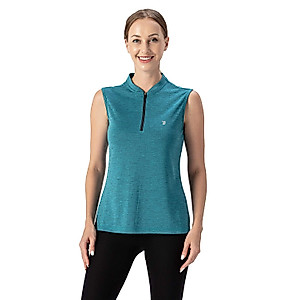 YSENTO Women's Dry Fit Tennis Golf Shirts 1/4 Zip Sleeveless Collarless UPF 50+ Yoga Gym Workout Tops Shirts Dark Blue Size XL