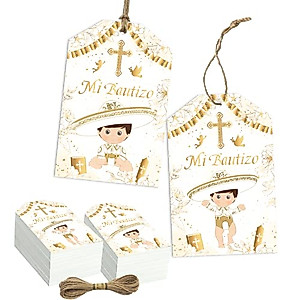 Mi Bautizo Decorations-Gold Religious Boy Baptism Favor Tags for Boy God Bless,Baptism Party Decoration Christening Supplies Gift Bags Box Envelope Mi Bautizo Tags Baptism Thank You Tags
