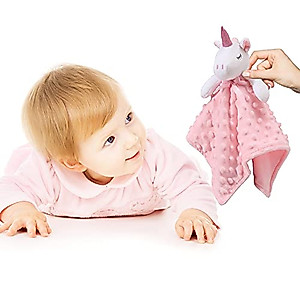CREVENT Cozy Plush Baby Security Blanket Loveys for Baby Girls, Minky Dot Front + Sherpa Backing with Animal Face (Pink Unicorn)
