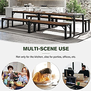 IMUsee 3-Piece 47.2" Dining Table Set for 4-6,Modern Rustic Kitchen Table with Metal Frame and Wood Board,Kitchen & Dining Room Table Set with Benches,Space-Saving Dinette for Small Space,Black&Walnut
