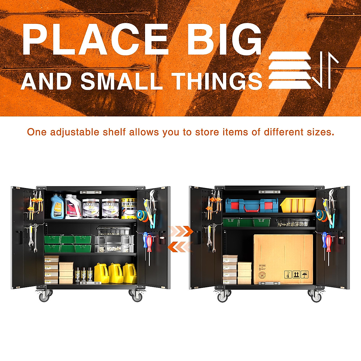 SUPEER Metal Storage Cabinet with Wheels,Rolling Storage Cabinet with 2 Doors and Adjustable Shelves,Suitable for Garage,Home,Office,Gym,School-Assembly Required,Black