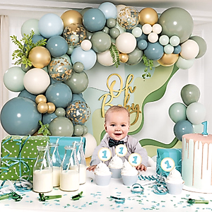 152Pcs Dusty Blue Sage Green Balloons Garland Arch kit, Sage Green Dusty Blue Pastel Green Sand White and Gold Balloons for Boho Bridal Shower Wedding Woodland Birthday Baby Shower Decorations