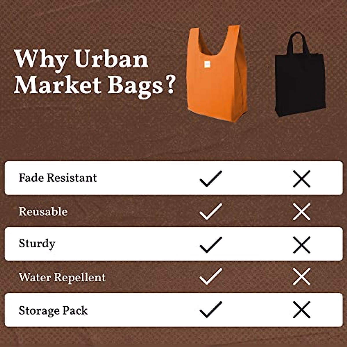 Urban Market Bags - Reusable Shopping Bags, Large Nylon Foldable Grocery Bags with Comfortable Handles, Machine-Washable Grocery Totes in a Compact Pack, Rural, Set of 6