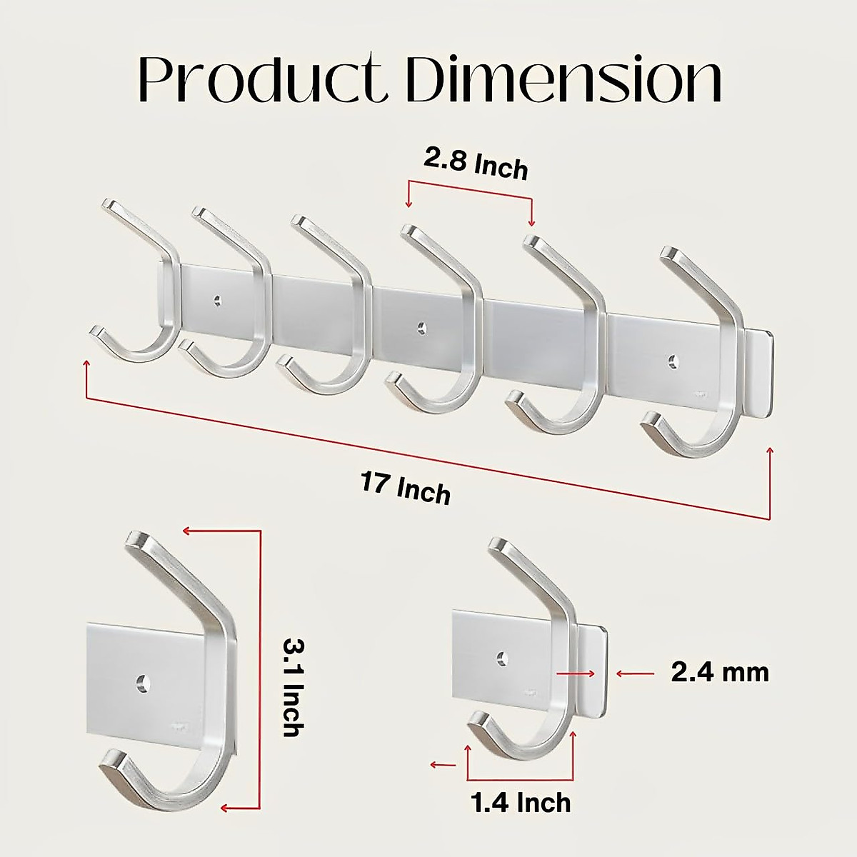 Coat Rack Wall Mount - Stainless Wall Coat Rack with Hooks - Jacket & Coat Hanger Wall Mount - Wall Hangers Wall Rack for Clothes - Wall Mounted Coat Rack Hooks for Closet, Backpack, Clothing & Keys