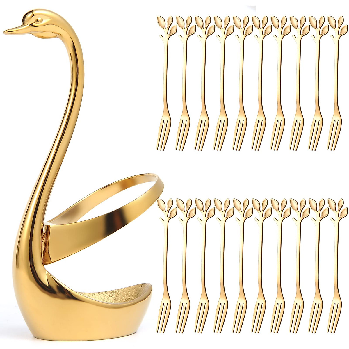 AnSaw Gold Small Swan Base Holder With Gold 20Pcs 4.7Inch leaf Handle Fruit Forks Set