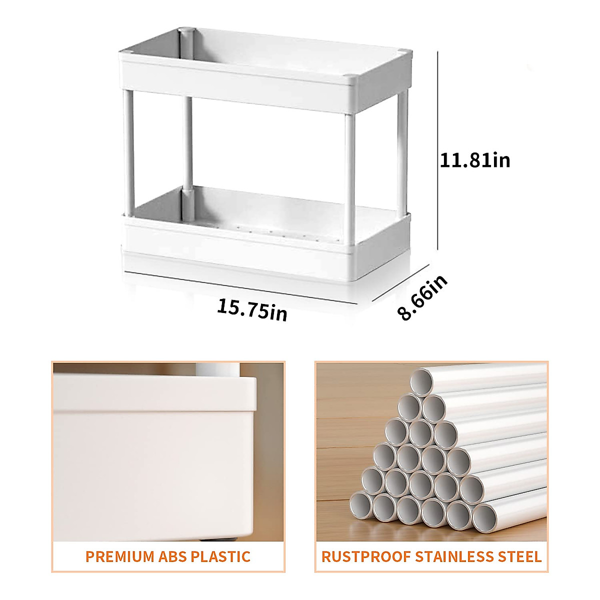 AntDesign Under Sink Organizer Kitchen Cabinet Storage, 2 Tiers Under Cabinet Bathroom Under Sink Shelf Basket Multi-purpose and Large Capacity with Hooks (White)