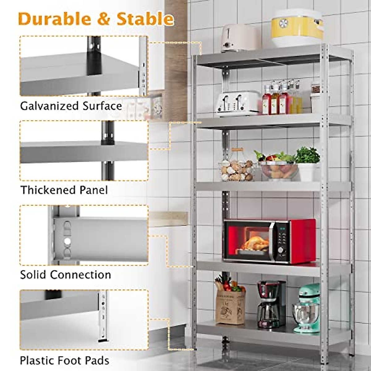 Tangkula Garage Storage Shelves, 5-Tier Metal Shelves for Storage, Shelving Unit with Foot Pads, Heavy Duty Storage Rack, 2866LBS Load Capacity, Bolt-Free Assembly, 39 x 16 x 77 Inches (1, Silver)