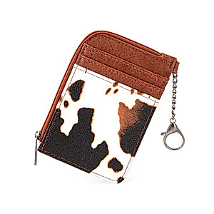 Montana West Wrangler Brown Cow Print Credit Card Holder Cute Keychain Wallet Small Wallets Woman with A Zipper Pocket Thin Slim & Minmalist WG102-W005BR