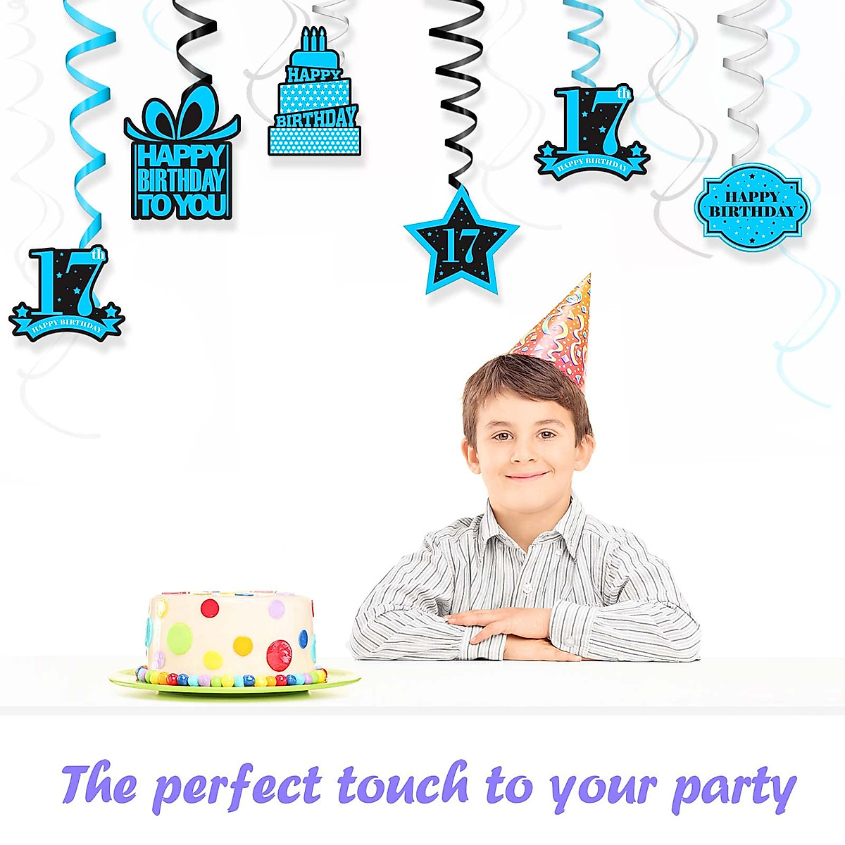 Happy 17th Birthday Hanging Swirls Stars Confetti Cheers to 17 Years Old Bday Hello 17 Theme Decorations Ceiling Hanging Sign Decor for Boys Girls 17th Birthday Party Supplies Navy Blue and Black