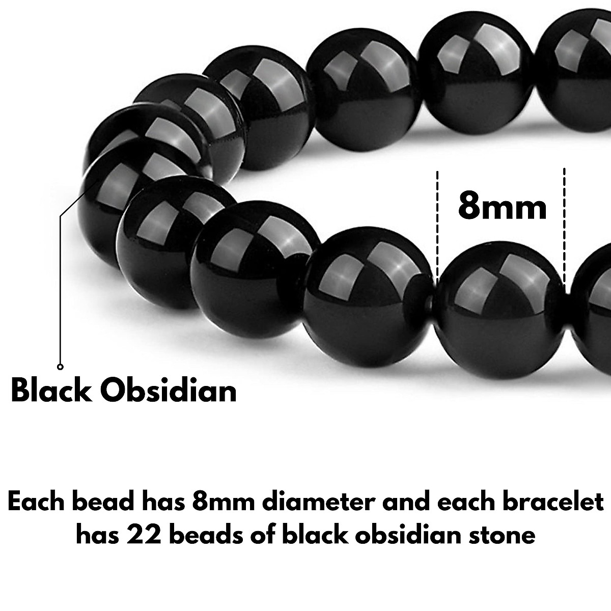 Crystal Vibe Black Obsidian Bracelet - Healing Crystal Bracelet for Spiritual Healing Positive Energy Stress Relief– 8mm Round Black Beaded Bracelets for Women Men - Elastic Adjustable Size