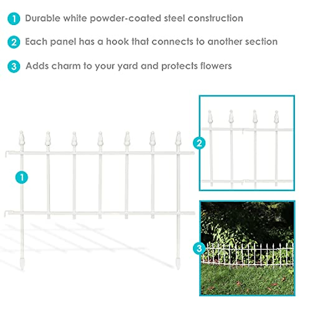 Sunnydaze 5-Panel White Roman Border Fence Set - 9-Foot Overall Length - Decorative Metal Garden, Lawn, and Landscape Fencing - 22 Inches Wide x 18 Inches Tall Per Piece