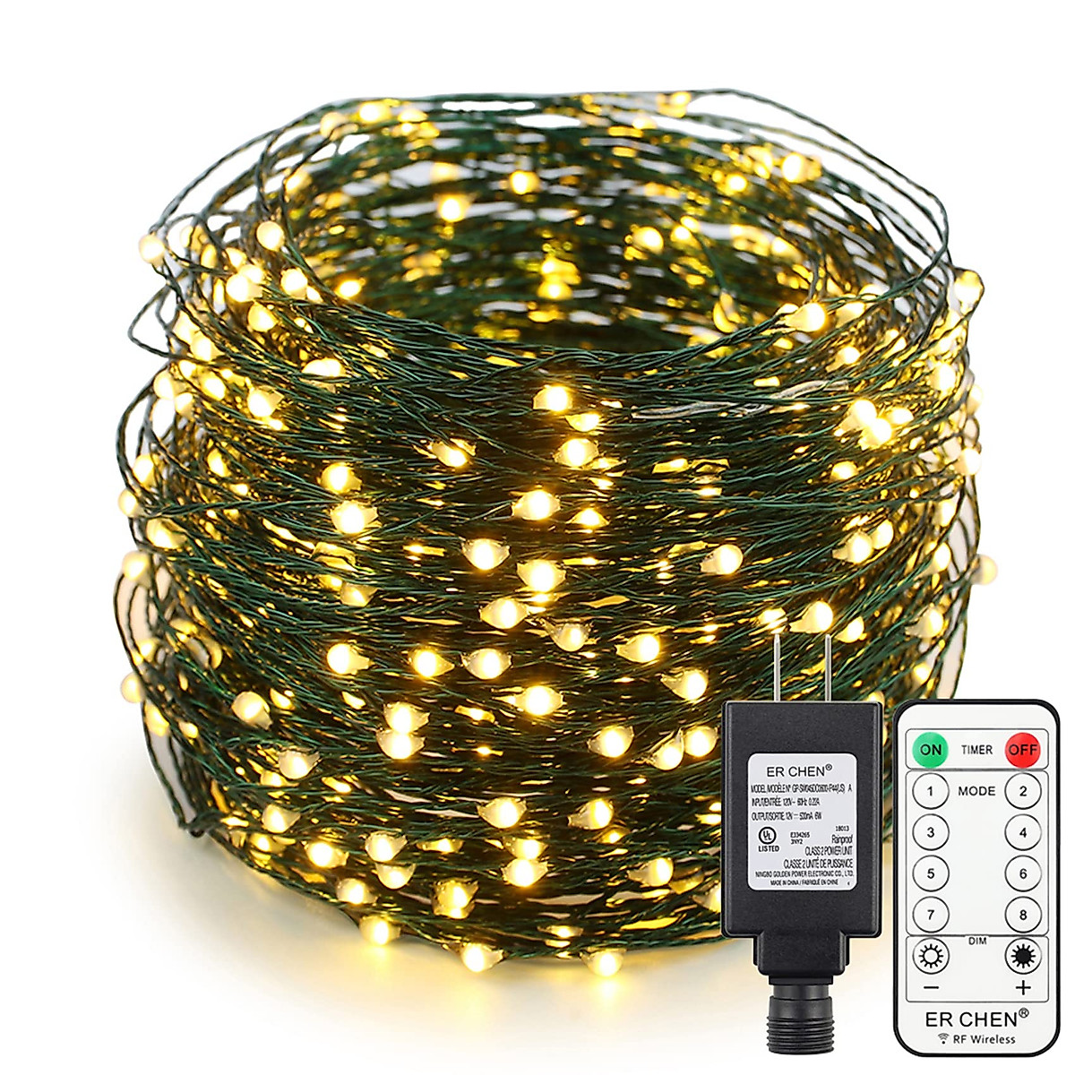 ER CHEN 165ft Led String Lights, 500 Led Starry Lights on 50M Green Copper Wire String Lights Power Adapter + Remote Control(Warm White)