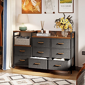 ODK Dresser with Charging Station, 52-Inch Long Dresser for Bedroom with 8 Storage Drawers, Fabric Dressers Chests of Drawers with Sturdy Steel Frame and Wooden Top, Vintage and Dark Grey