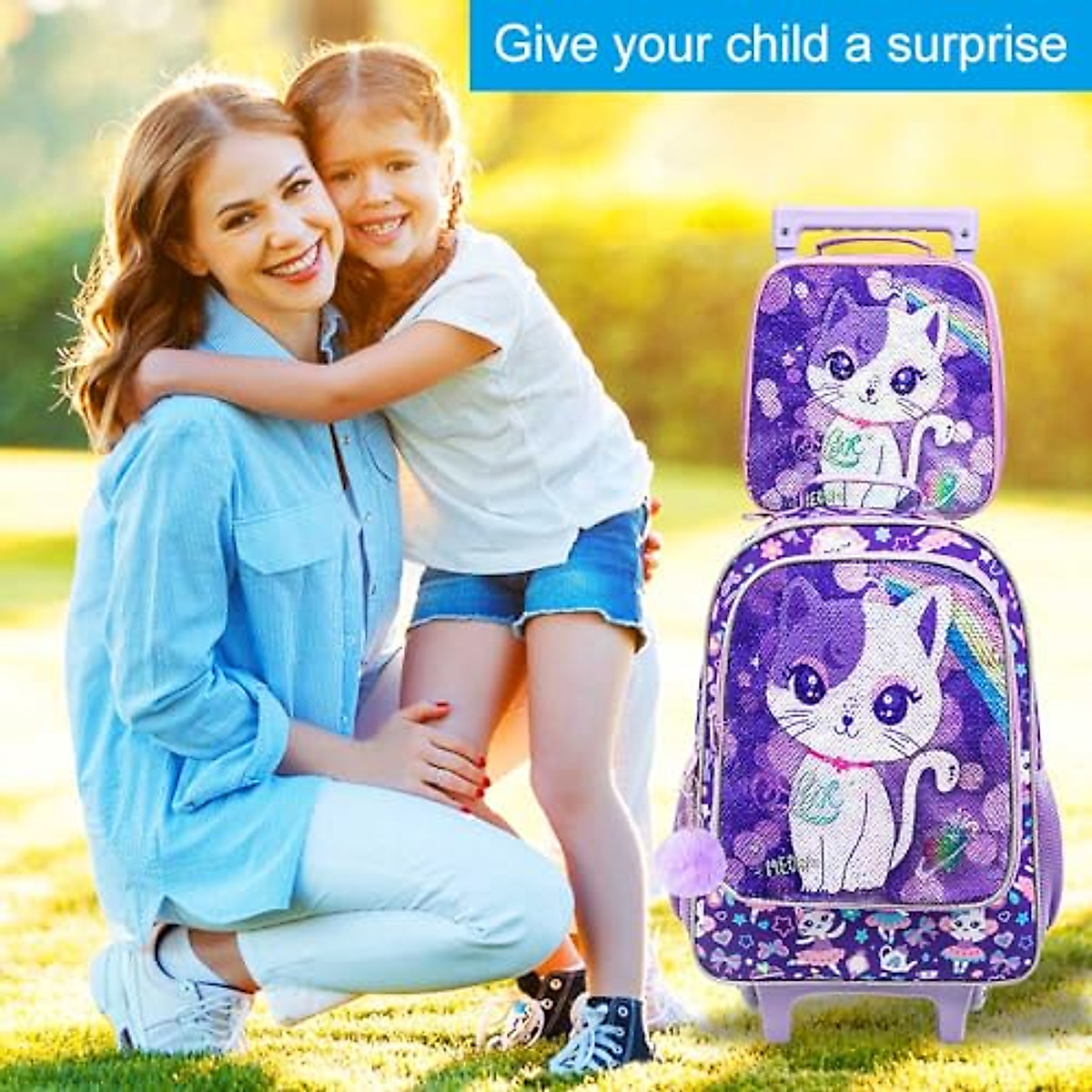 KLFVB Kids Rolling Backpack for Girls, Roller Wheels School Bag with Lunch Bag, Wheeled Sequins School Bookbag for Children - Cat