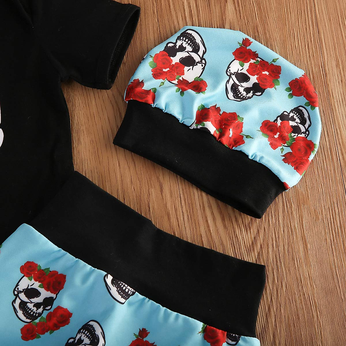 Yuemengxuan 4PCS Infant Newborn Baby Boys Girl Skull Romper+Pants+Hat+Mitten or Headband Halloween Clothes Outfit Set (Black+Blue, 0-6 Months)