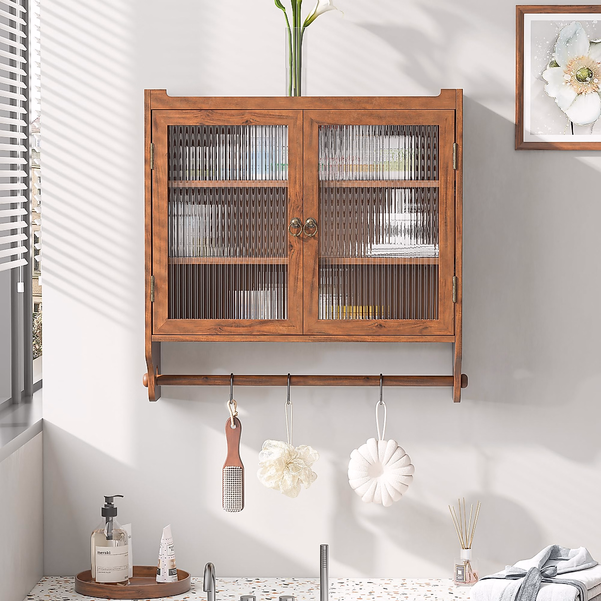 Qiaoxuan Bathroom Wall Cabinet, Over The Toilet Storage Cabinet, Medicine Cabinet with Towel Rack and Removable Shelves, Hanging Bathroom Storage Cabinet (Brown)