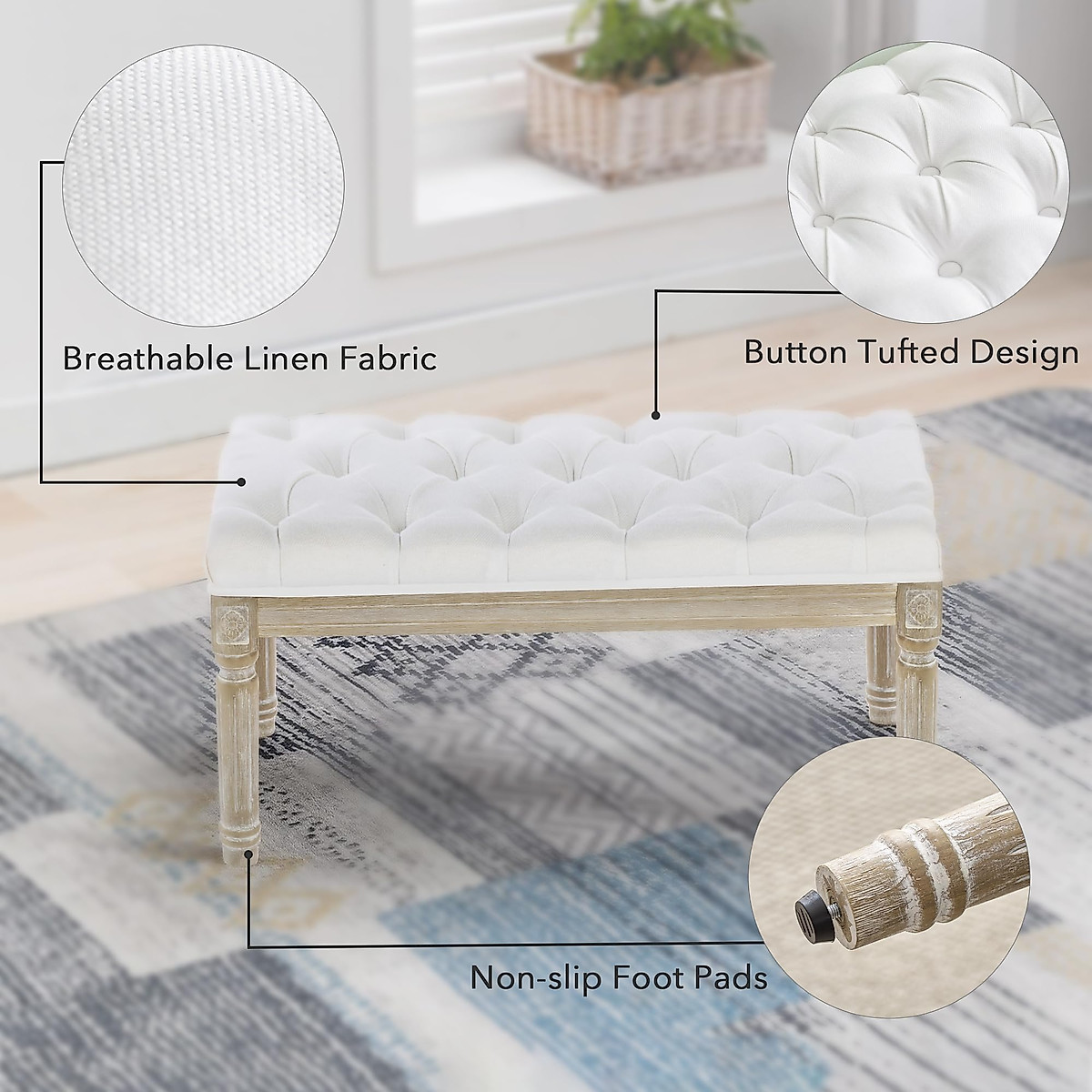 LOULENS French Vintage Bench, Linen Fabric Entryway Bench, Upholstered Tufted End of Bed Bench with Brushed Wood Legs, White