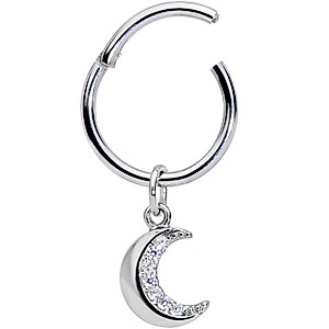 Body Candy 16G Steel Hinged Segment Ring Seamless Dangle Cartilage Clear Accent Crescent Moon Nose Hoop 3/8"
