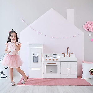 Teamson Kids Little Chef Paris Modular Contemporary Interactive Wooden Play Kitchen with Refrigerator, Oven, Sink, and Storage Space for Easy Clean Up, White with Rose Gold Finishes