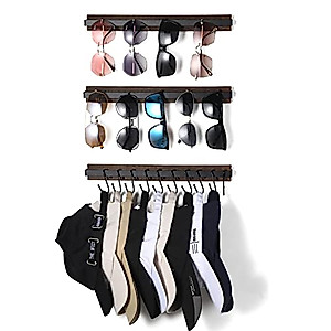 DOCMON 3 Pack Wood Sunglasses Storage Organizer, Wall Mounted Rustic Eyeglasses Display Holder Eyewear Glasses Hanging Rack for Entryway Living Room Bedroom, with 10 hooks