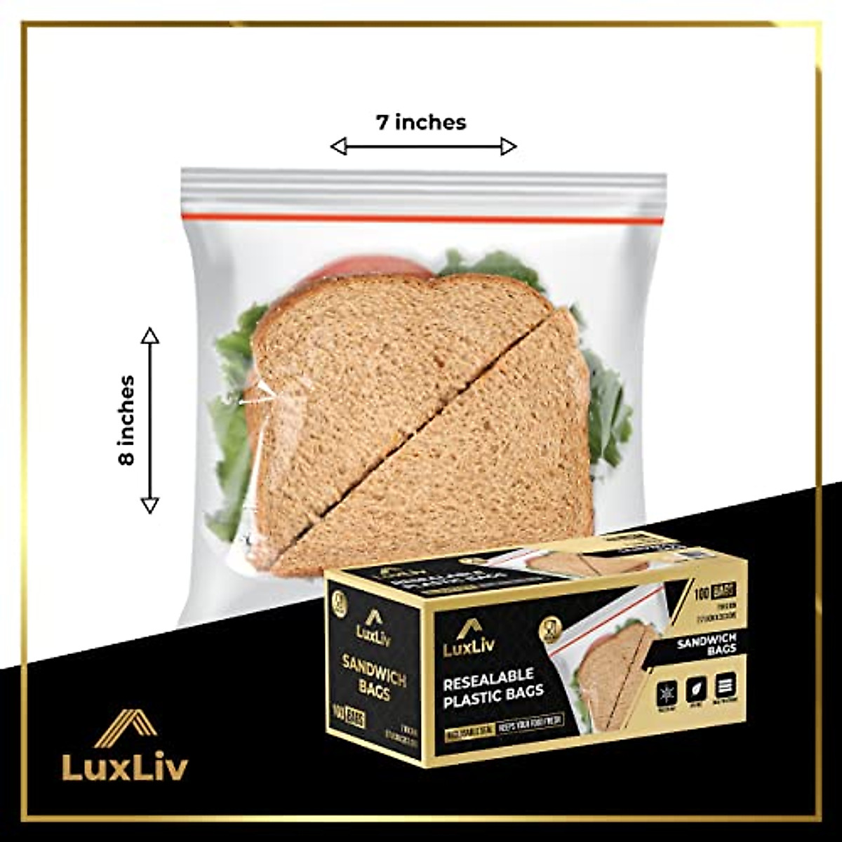 100 x LuxLiv ® Plastic Sandwich Bags & Pen – Premium Zip Food Bags – Lunch Bags Ziplock Bags Closure – 100 Snack Bags – 7 x 8-inch Freezer Bags – Non-BPA Plastic – Reusable Bags