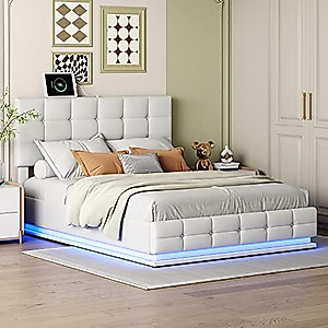 Full Size Lift Up Storage Bed/with Storage and LED Light Button Tufted Wingback adjustable headboard and USB Charger, Hydraulic Storage System for Kids Teens and Adults, No Box Spring Needed (White)