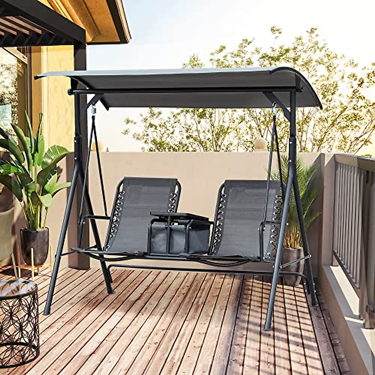 Outsunny 2-Seat Patio Swing Chair, Outdoor Canopy Swing Glider with Pivot Storage Table, Cup Holder, Adjustable Shade, Bungie Seat Suspension and Weather Resistant Steel Frame, Grey