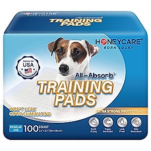 HONEY CARE All-Absorb, Large 22" x 23", 100 Count, Dog and Puppy Training Pads, Ultra Absorbent and Odor Eliminating, Leak-Proof 5-Layer Potty Training Pads with Quick-Dry Surface, Blue, A01