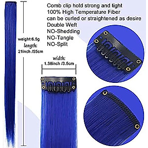 XIRANWEN 18pcs 21Inch Colored Hair Extensions Clip in/on Wig Pieces for Girls, Hairpieces Heat-Resistant Straight Party Highlight Multicolors Accessories Halloween Christmas Gift (Sapphire blue+Teal)