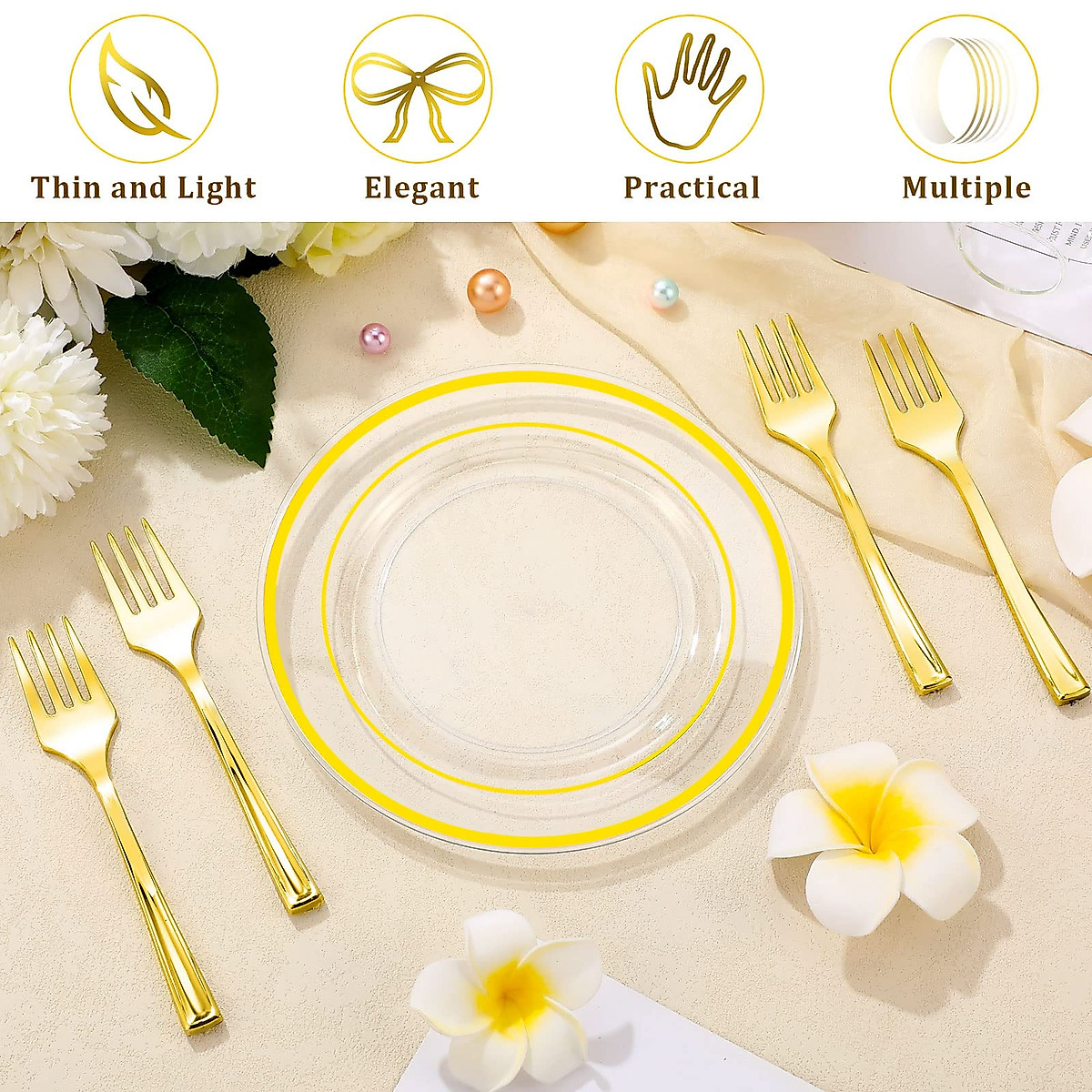 Eccliy 200 Pieces Gold Plastic Dessert Plate Sets 100 Clear Disposable Cake Plate 6 Inch and 100 Fork 5 Inch Gold Rim Round Salad Appetizer Plate Folk Set for Buffet Hotel Birthday Wedding Party