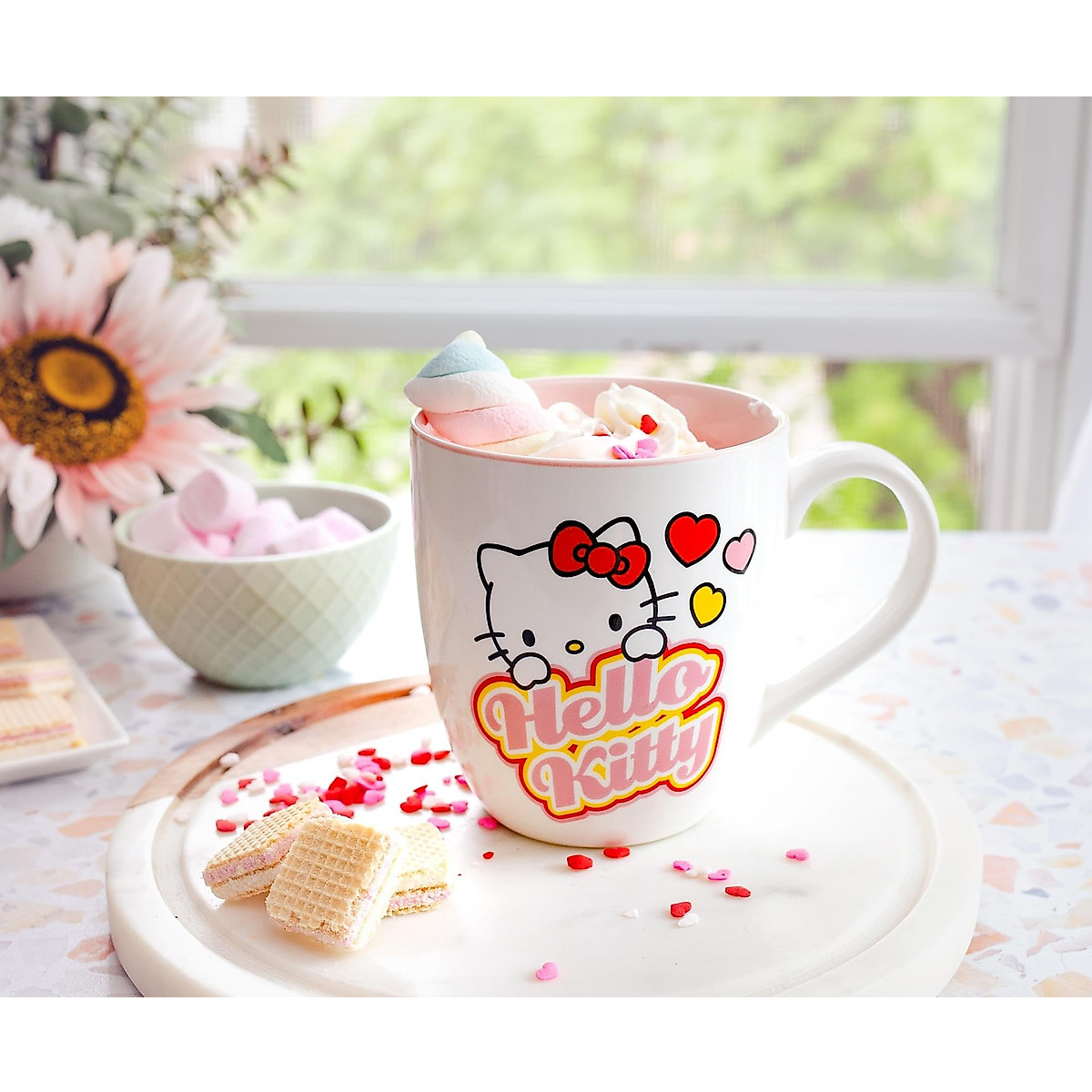 Silver Buffalo Sanrio Hello Kitty Hearts Ceramic Mug | Holds 18 Ounces