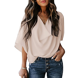 Dokotoo Womens Blouses and Tops Summer Short Sleeve V Neck Solid Color Ladies Wrap Draped Front Business Casual Fashion Chiffon Shirts Dressy Tops for Women Work Spring Clothes 2023 Apricot Medium