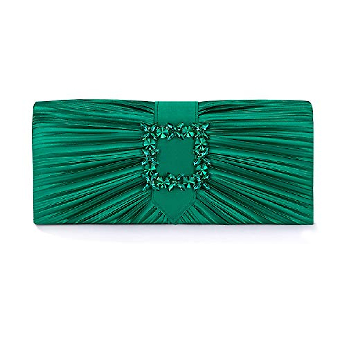 Mulian LilY M366 Women Pleated Satin Rhinestone Brooch Evening Bags Prom Clutch Purse With Detachable Chain Strap Green