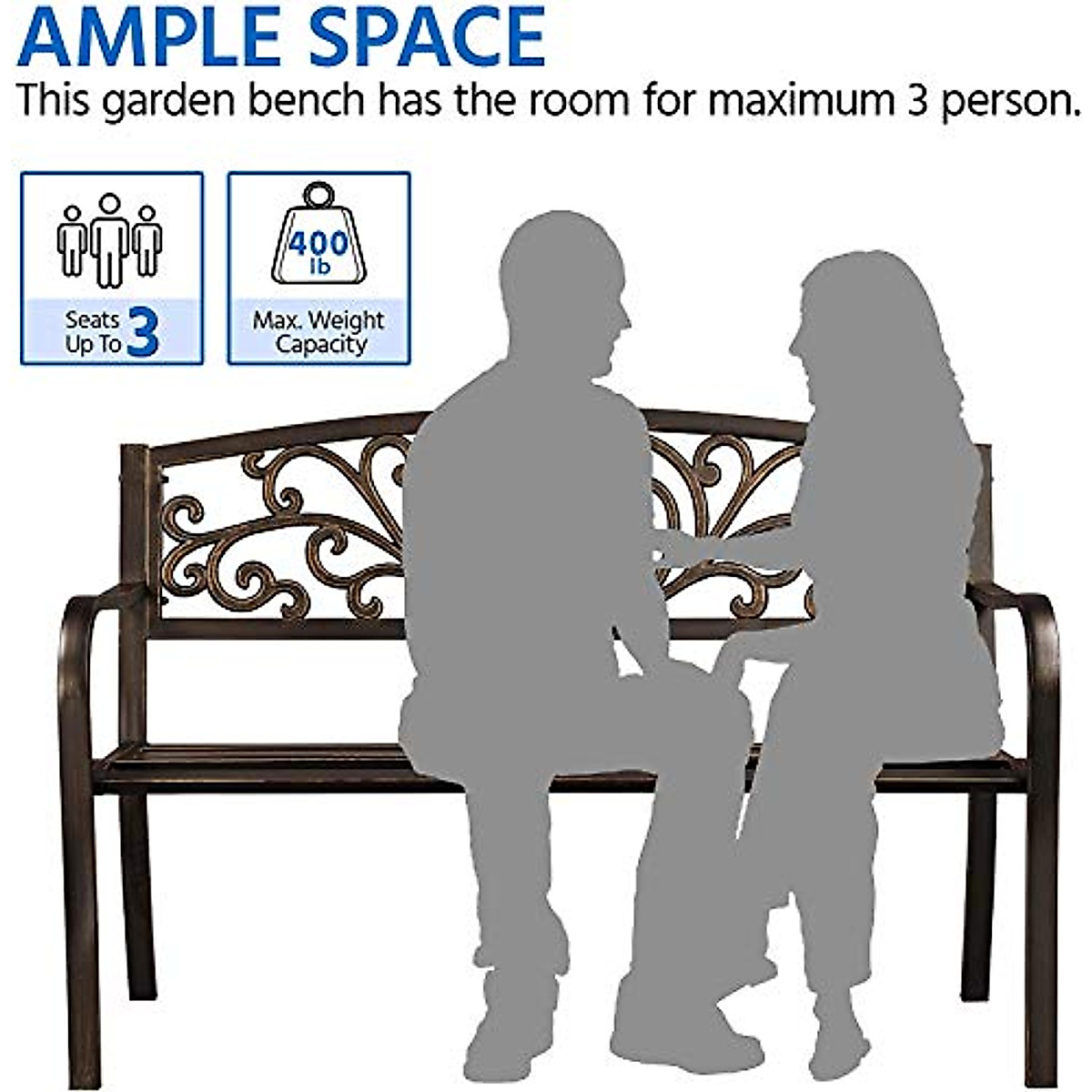 Patio Bench Park Bench, 50" Antique Powder Coated Iron Outdoor Metal Bench w/Floral Ivy Design Backrest, 400lbs Cast Iron Anti-Rust Sturdy Steel Frame Furniture for Porch Entryway Lawn Decor Deck