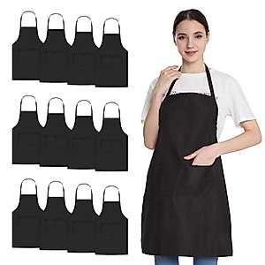 Hi loyaya Bib Black Apron for Women Men Adult Chef, 12 Pack Kitchen Aprons Bulk with Pockets for Cooking Baking Painting (12, Black)