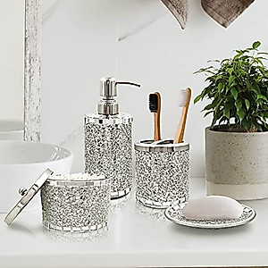 LushAccents Bathroom Accessories Set, 4-Piece Decorative Glass Bathroom Accessories Set, Soap Dispenser, Soap Tray, Jar, Toothbrush Holder, Elegant Silver Mosaic Glass