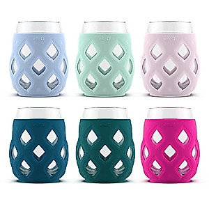 Ello Cru 17oz Stemless Wine Glass Set with Protective Silicone Sleeves, (Pack of 6) Cocktail Glass Perfect for Summer Patios, Dishwasher Safe, Berry Smash